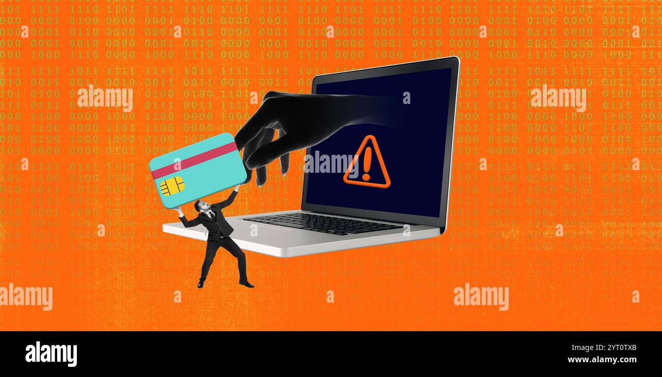 Contemporary art collage. Password entry screen on laptop with hand ...