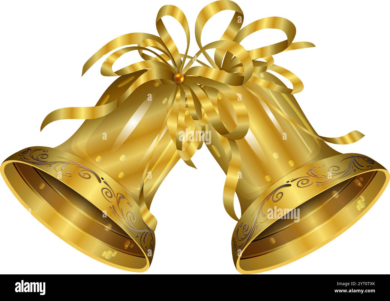 Christmas and new year shiny gold bells with bows and ribbons ...