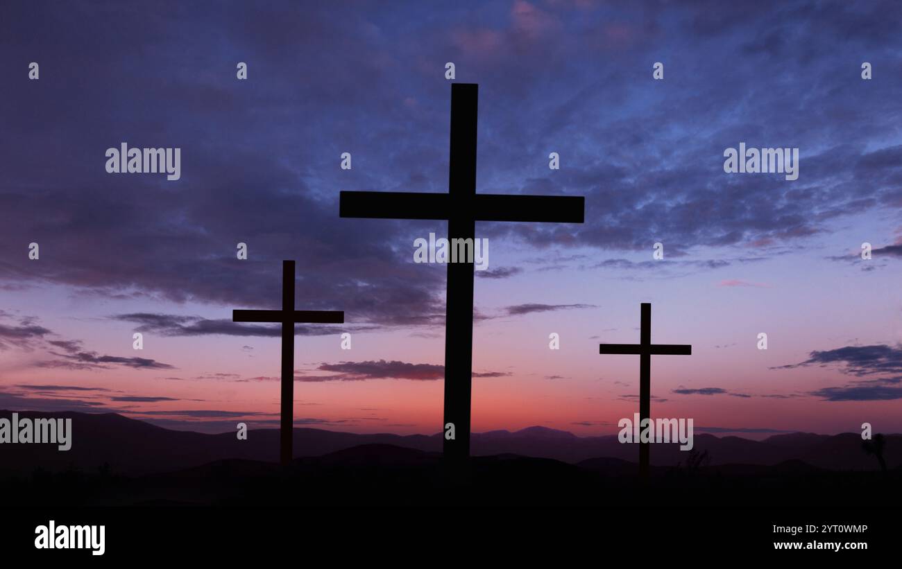 Three silhouette crosses with amazing purple sunset. Lord God, creative ...