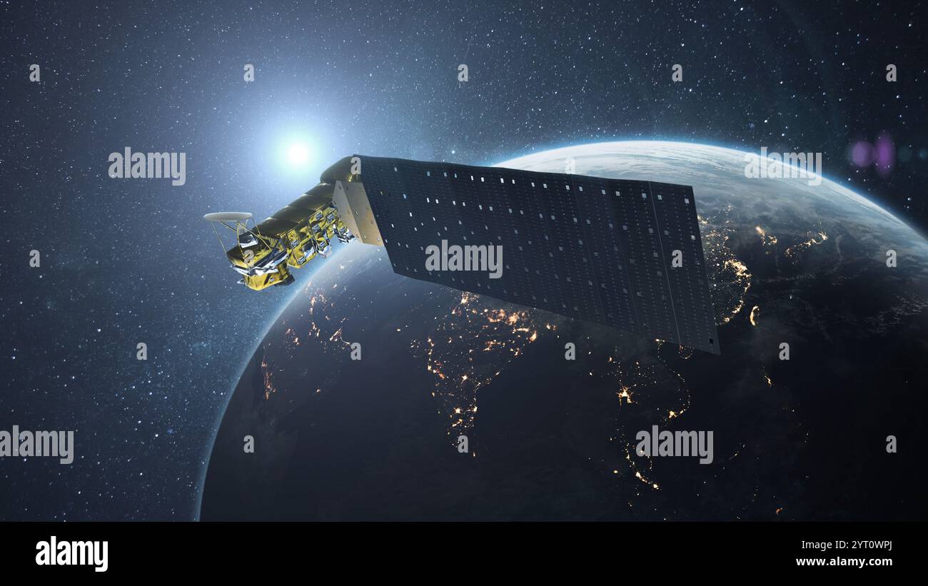 Technology satellite flies in orbit near blue planet Earth with sun ...