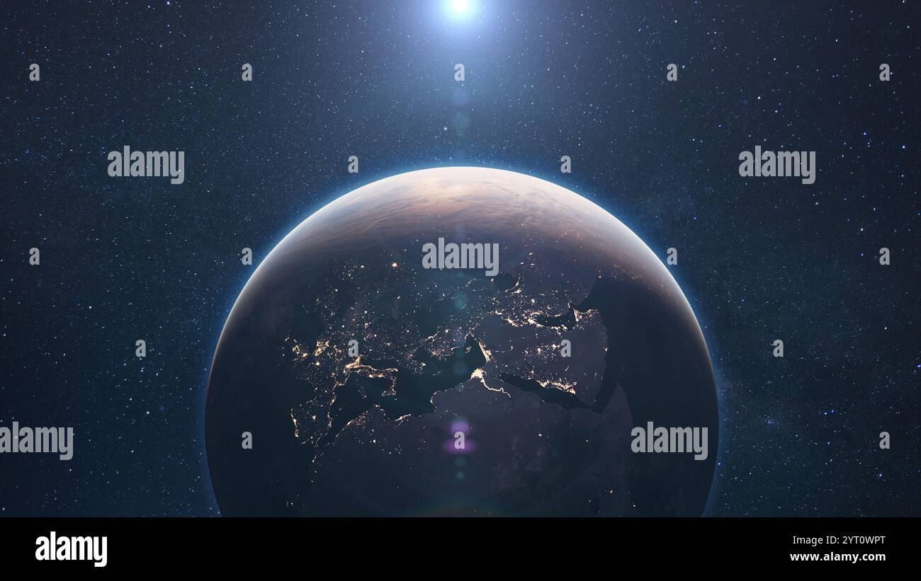 Amazing blue planet earth with lights of night cities in Europe, Africa ...