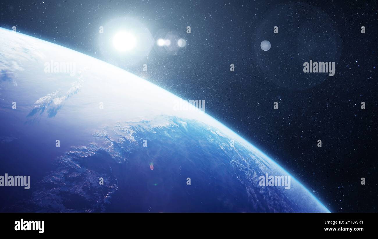 Beautiful blue planet Earth with clouds in space with stars and sun ...