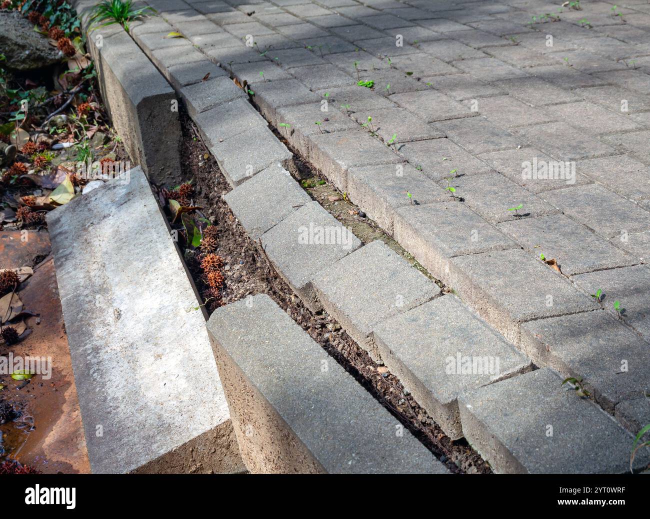 Broken edge of a paving stone sidewalk Stock Photo - Alamy