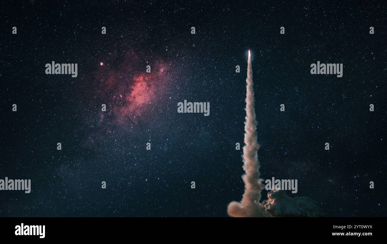 Space rocket launch into the starry sky. Space shuttle with blast and ...