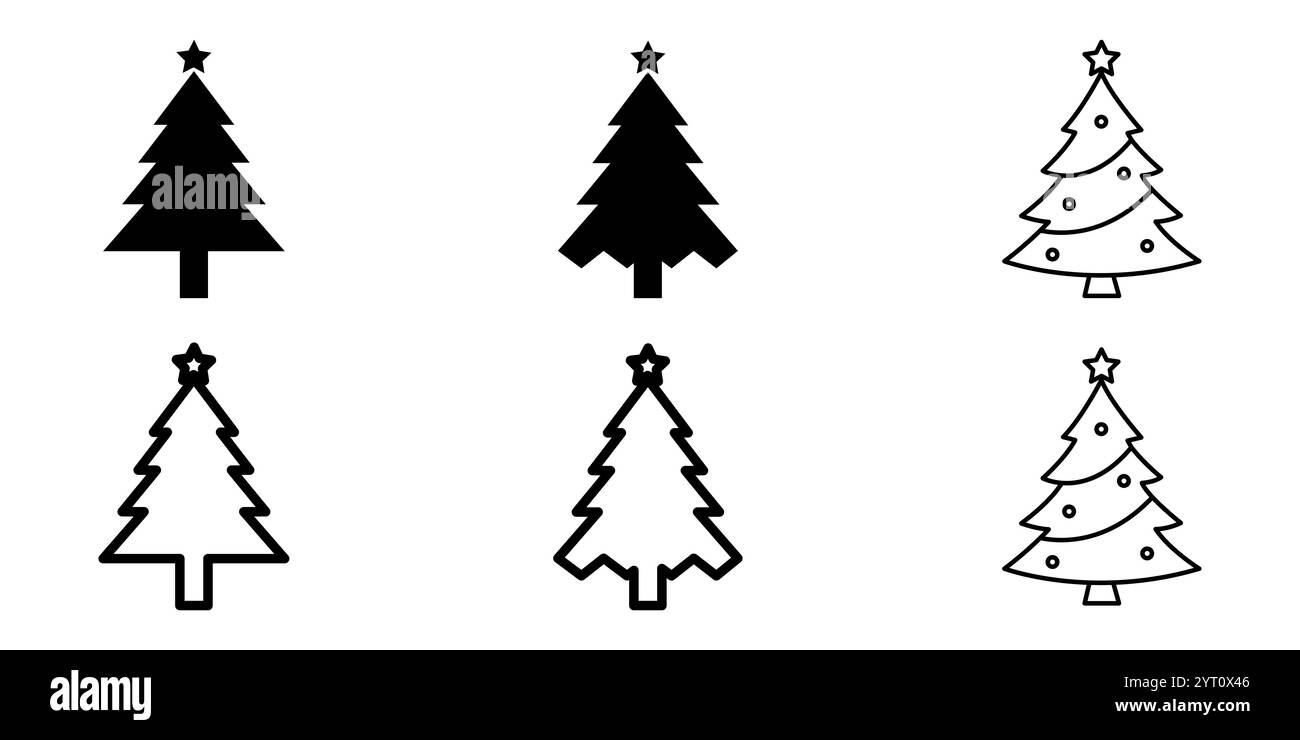 Christmas tree icons, minimalist design, black and white, vector ...