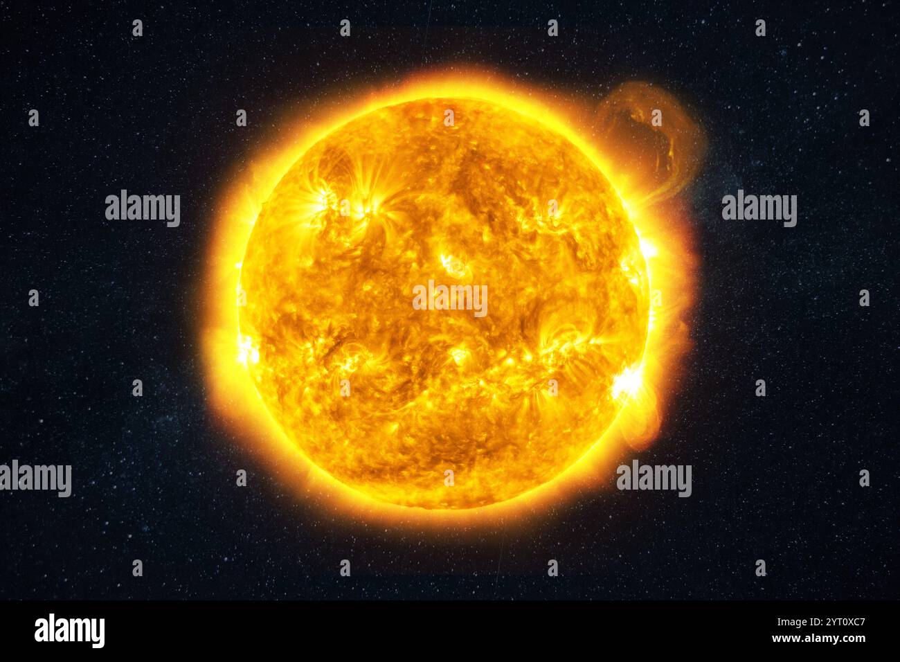 Bright sun burns with plasma and flares in space. Solar flare plaza and ...