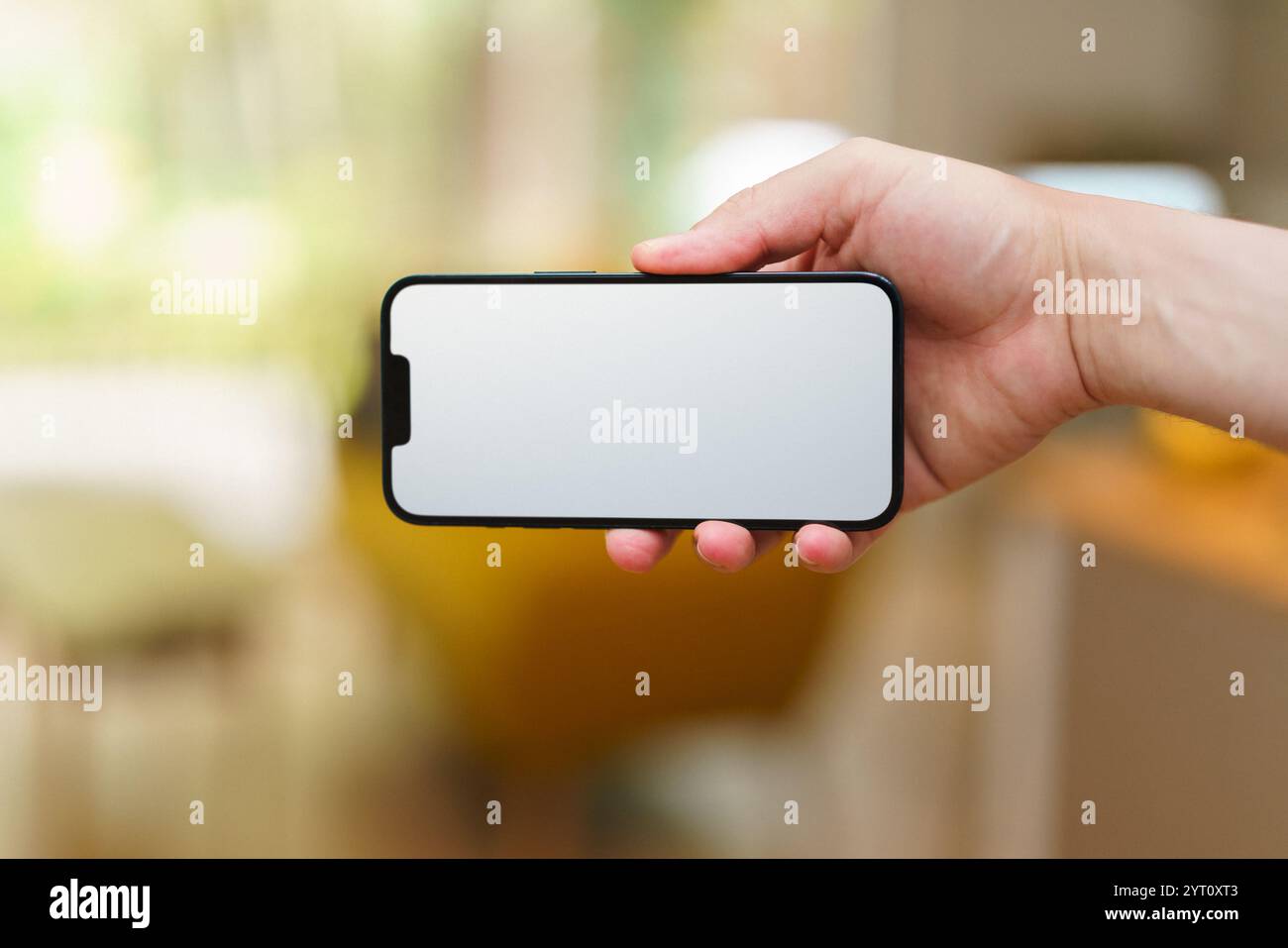 blank white smartphone screen human hand hold horizontal position real ...