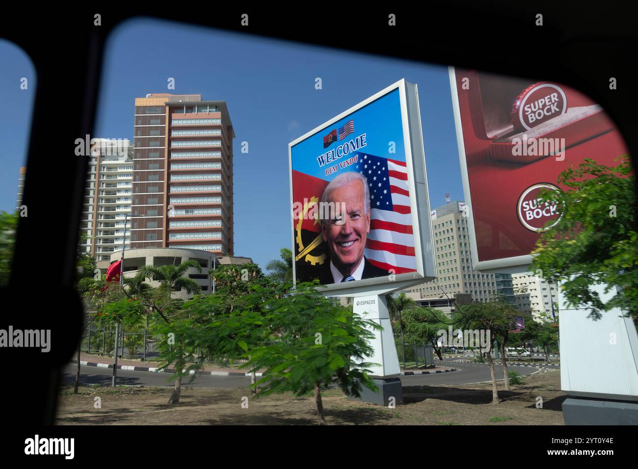 A billboard welcoming President Joe Biden is seen in the capital Luanda ...