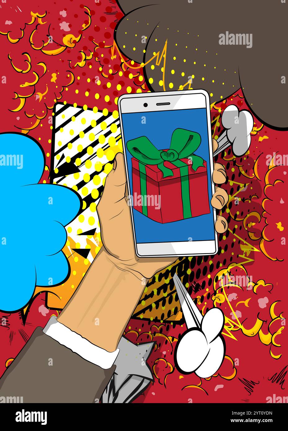 Cartoon Smartphone, comic book Telephone with Gift Box Retro vector ...