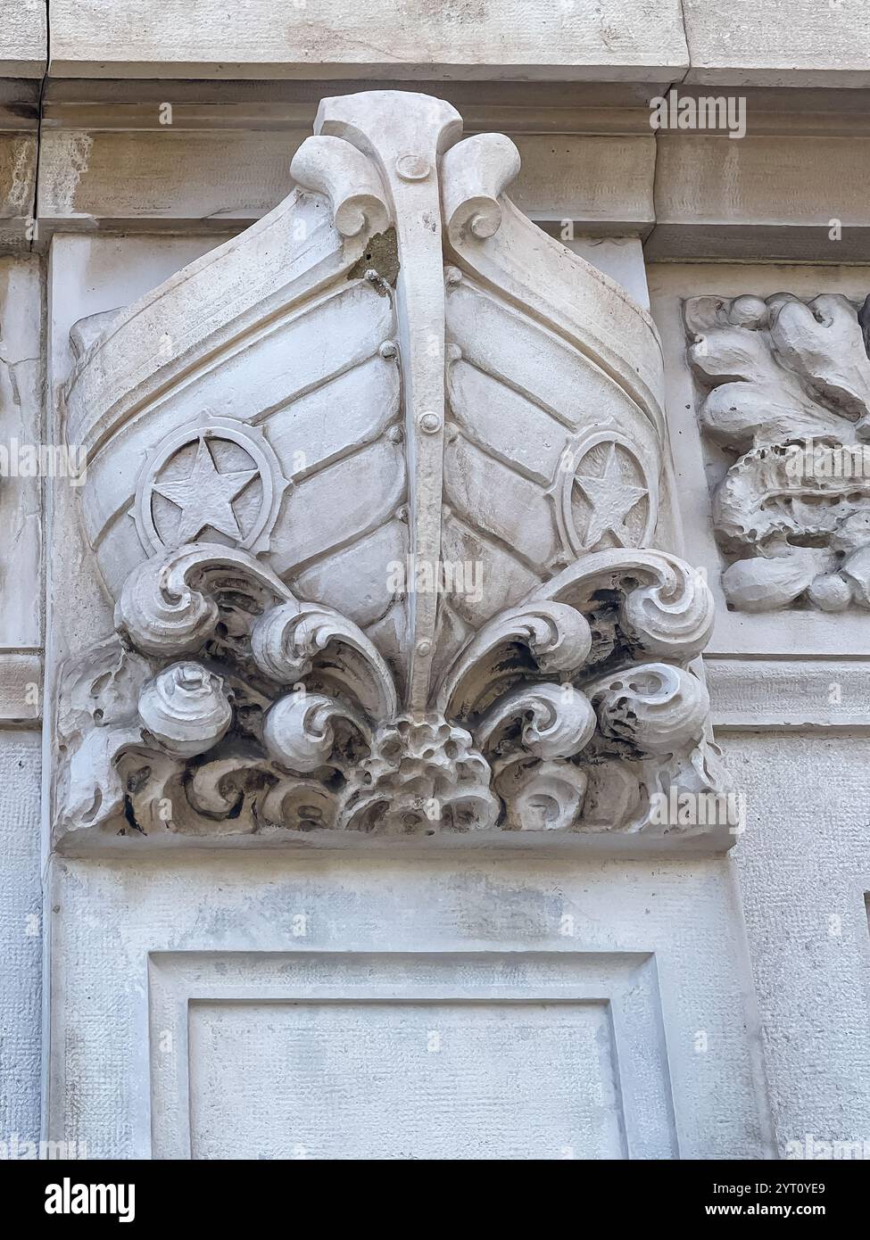 Trieste, Italy - June 27, 2024: Bow of sloop as facade detail. Stars on ...
