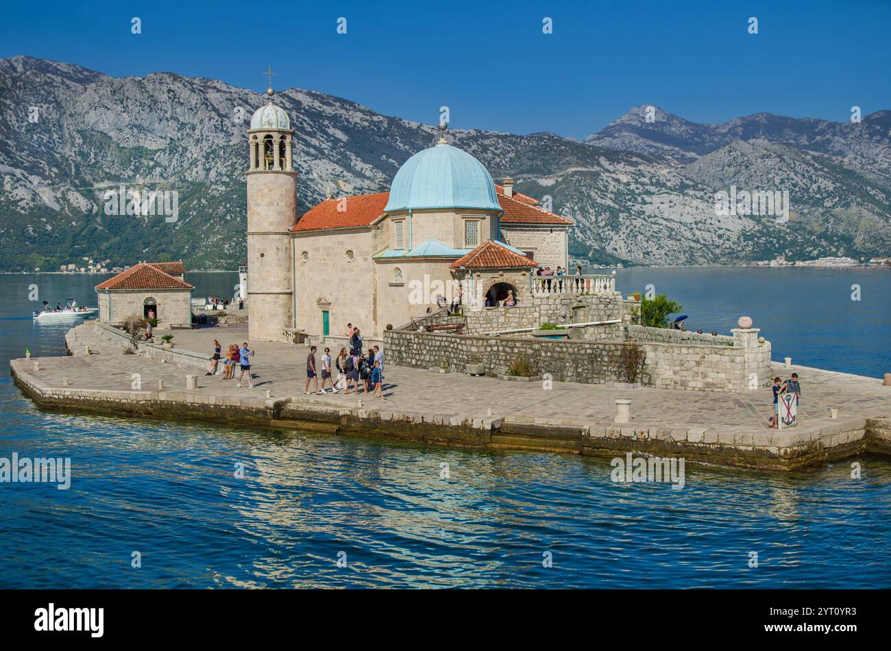 Full length view of the island church called 'Our Lady of the Rocks ...