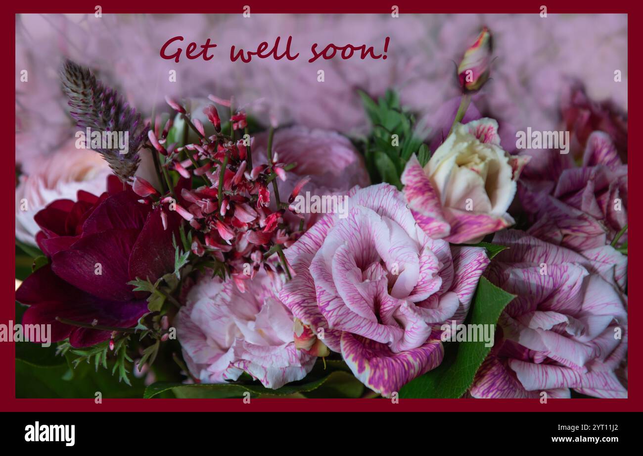 Get well soon card with a beautiful bouquet composed of lisianthus ...