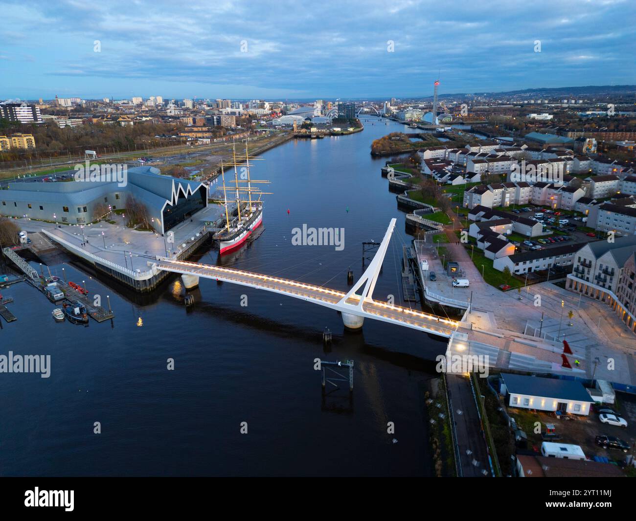 Aerial view of the new Govan - Partick Bridge crossing the River Clyde in Govan Glasgow. The ...