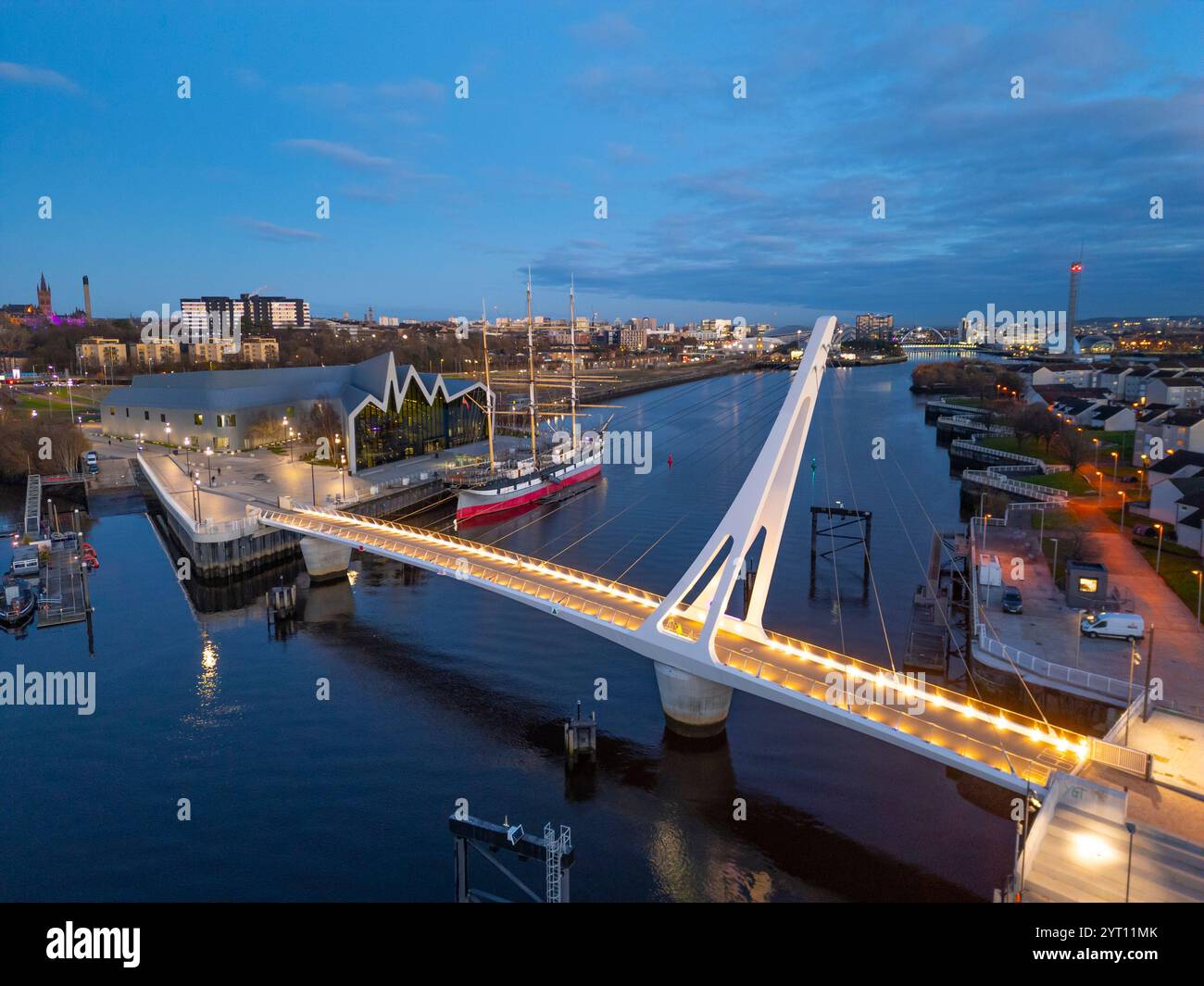Aerial view of the new Govan - Partick Bridge crossing the River Clyde ...