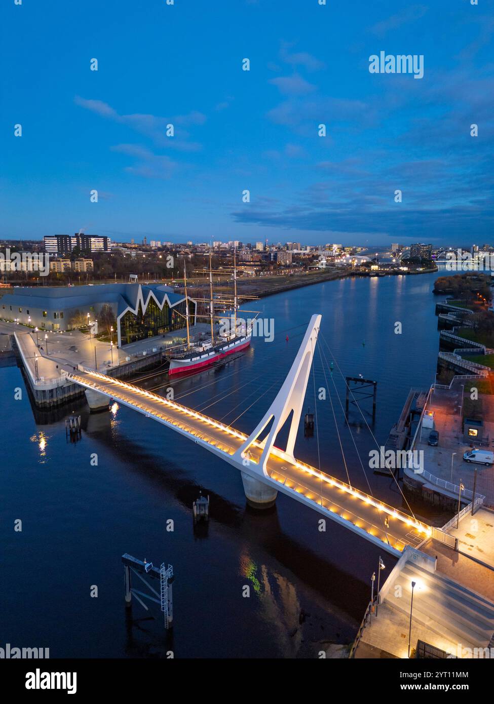Aerial view of the new Govan - Partick Bridge crossing the River Clyde ...