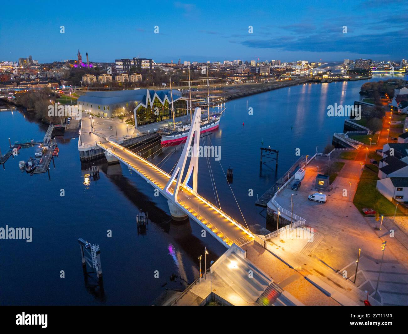 Aerial view of the new Govan - Partick Bridge crossing the River Clyde ...