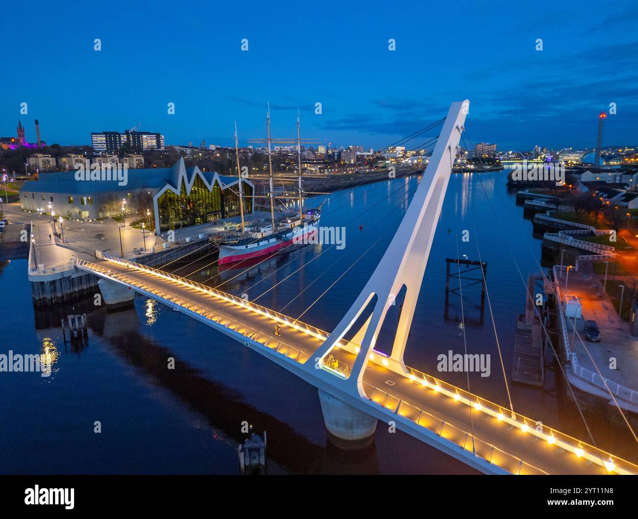 Aerial view of the new Govan - Partick Bridge crossing the River Clyde ...