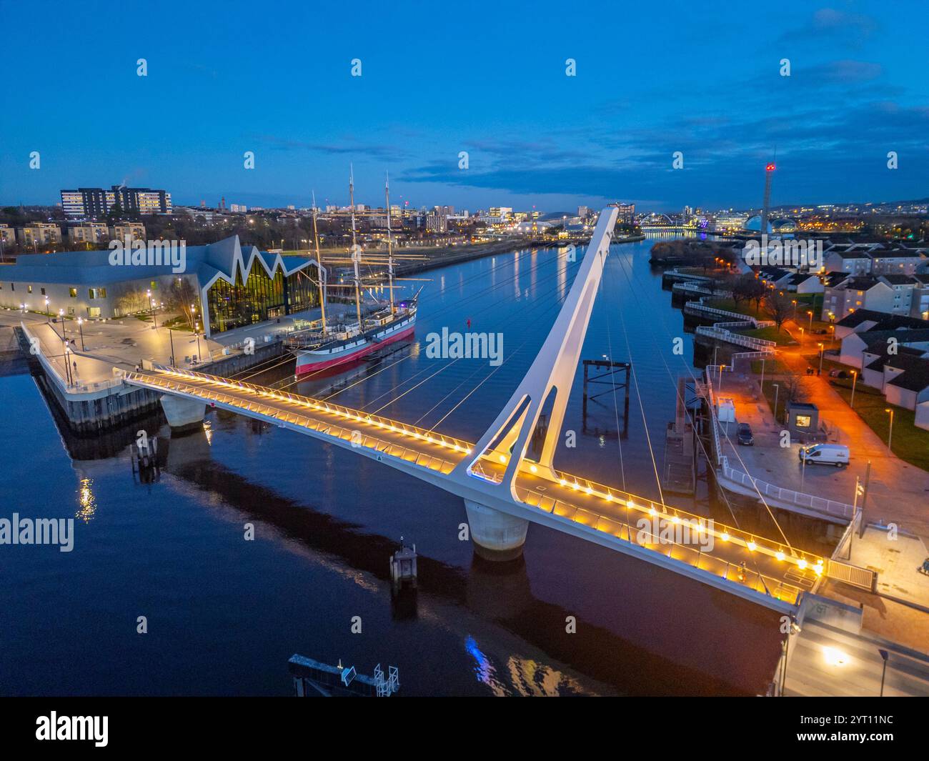 Aerial view of the new Govan - Partick Bridge crossing the River Clyde ...