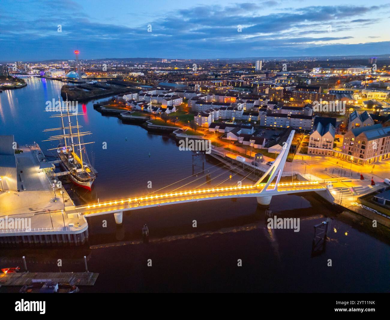 Aerial view of the new Govan - Partick Bridge crossing the River Clyde ...
