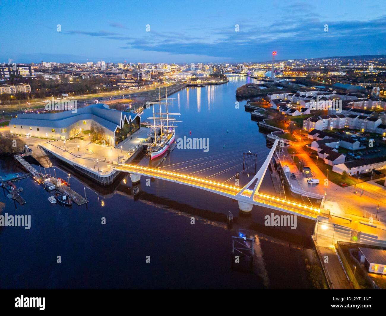 Aerial view of the new Govan - Partick Bridge crossing the River Clyde ...