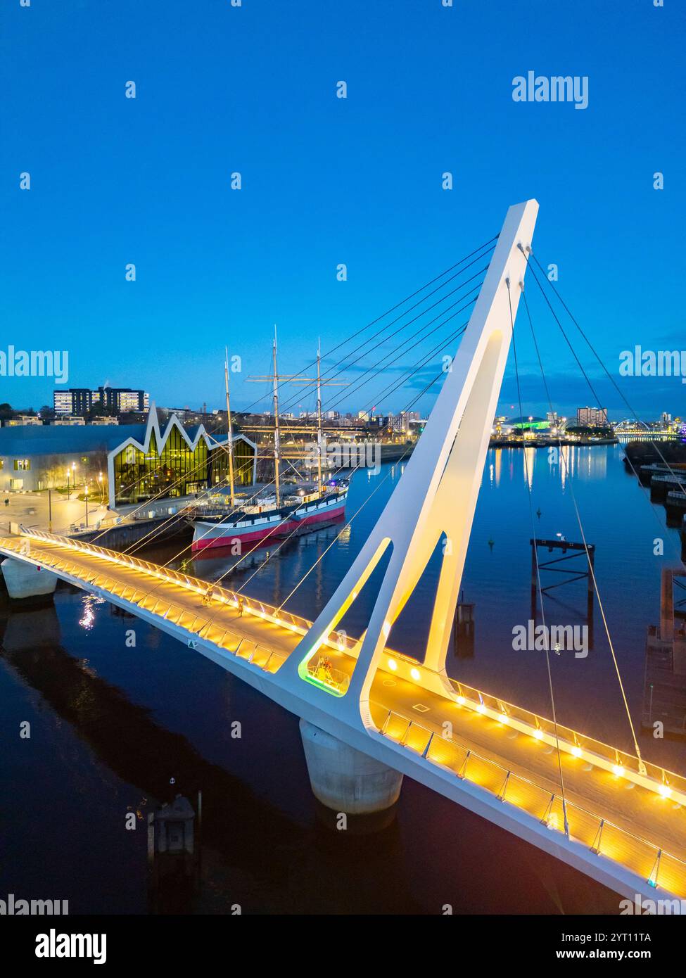 Aerial view of the new Govan - Partick Bridge crossing the River Clyde ...