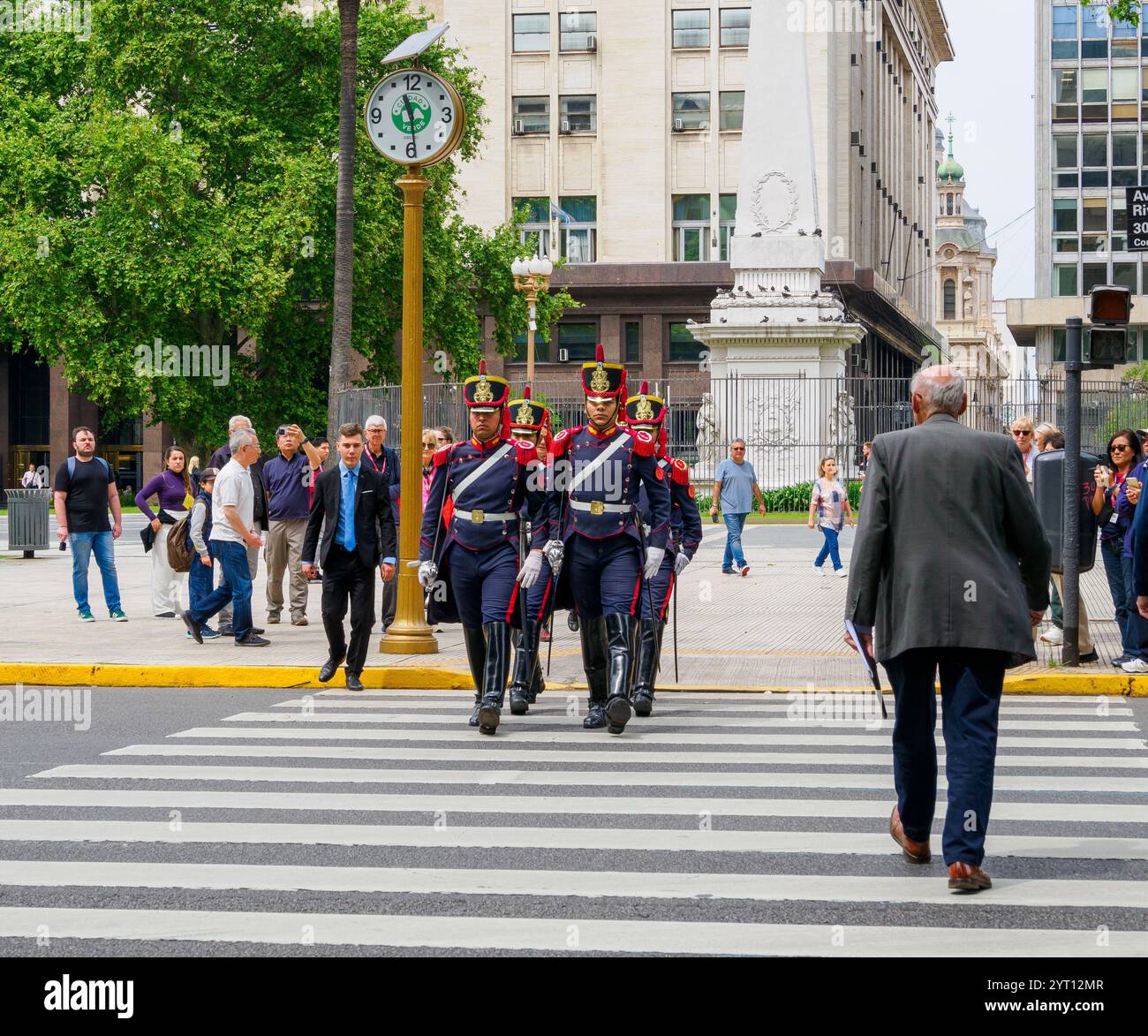 Soldiers of the Palace Guard on a zebra crossing in Playa de Mayo on ...