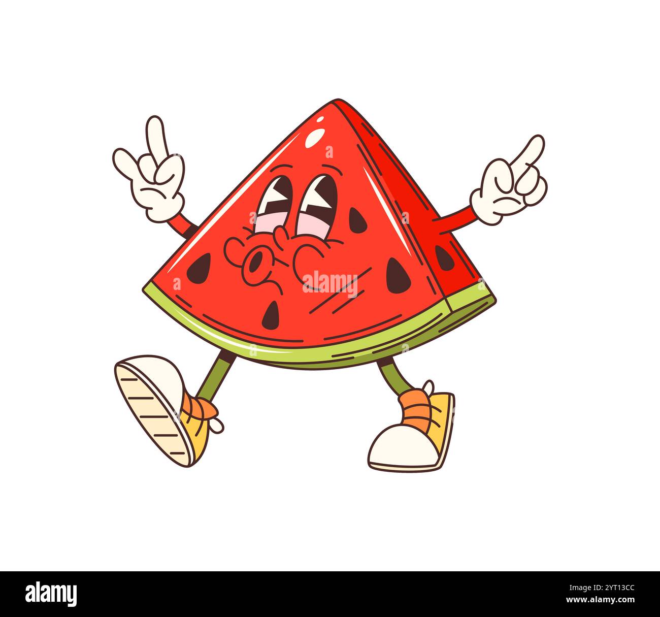 Cartoon groovy watermelon piece character happy whistling, vector emoji ...