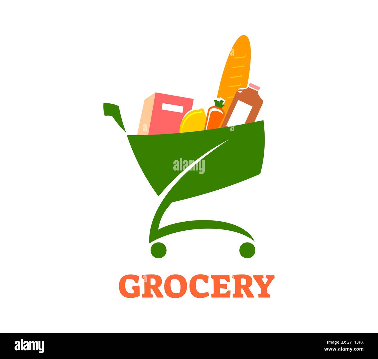 Grocery icon featuring green shopping cart filled with bread, milk ...