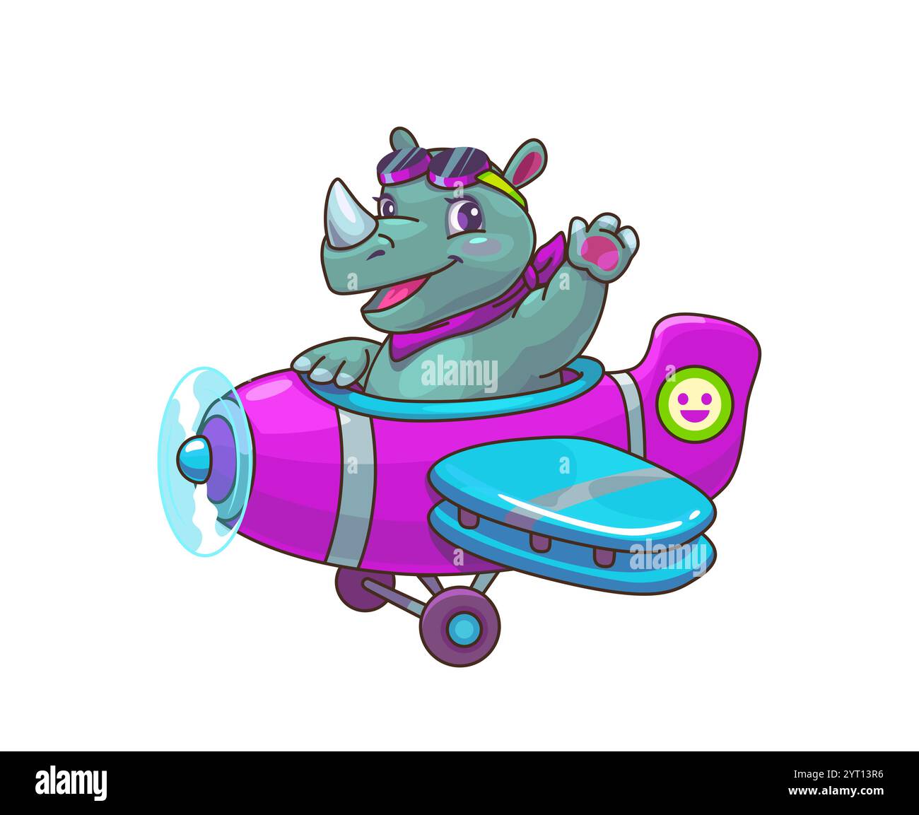 Cartoon rhino animal kid pilot on plane, baby character on airplane ...