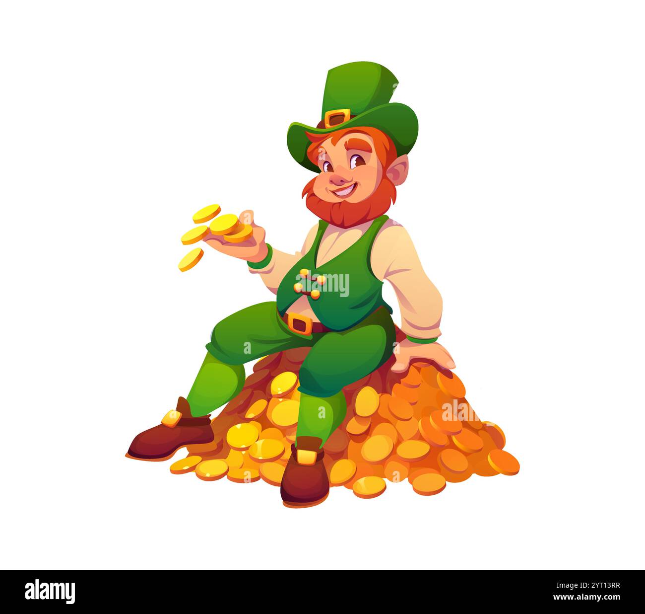 Cartoon Irish leprechaun man character sitting on a pile of golden ...