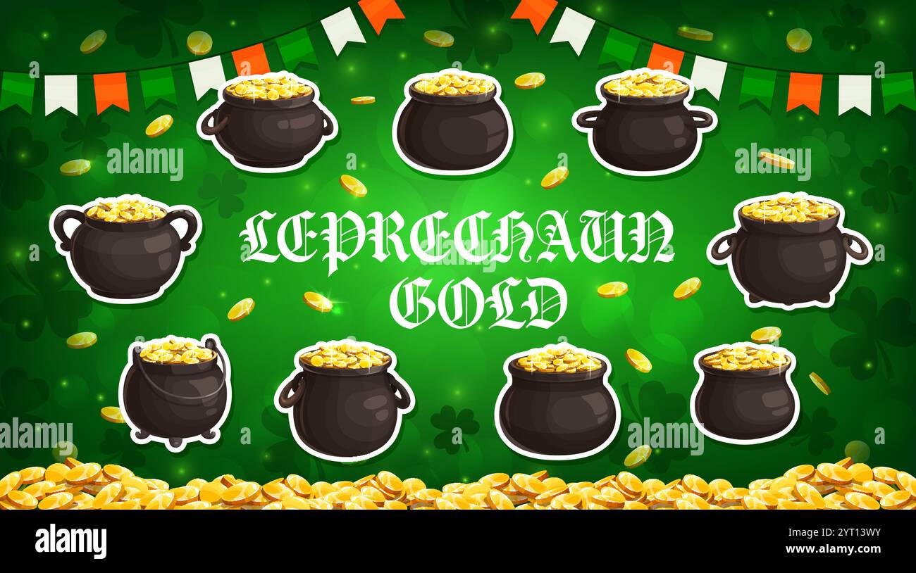 Leprechaun pots of gold stickers pack, vector St Patricks Day. Cartoon ...