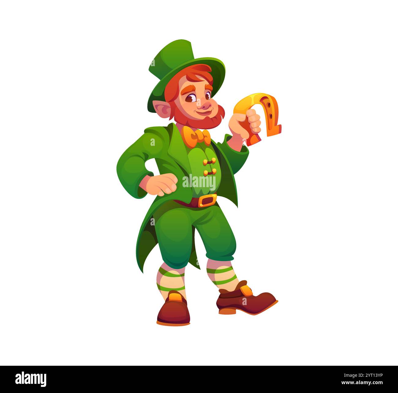 Cartoon leprechaun man character with golden horseshoe symbol of luck ...