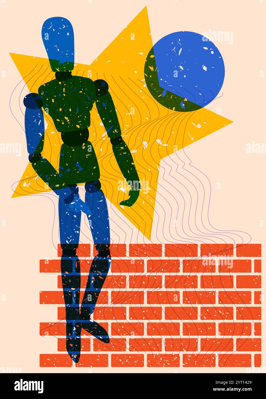 Risograph Wooden Puppet, Mannequin with geometric shapes. Objects in ...