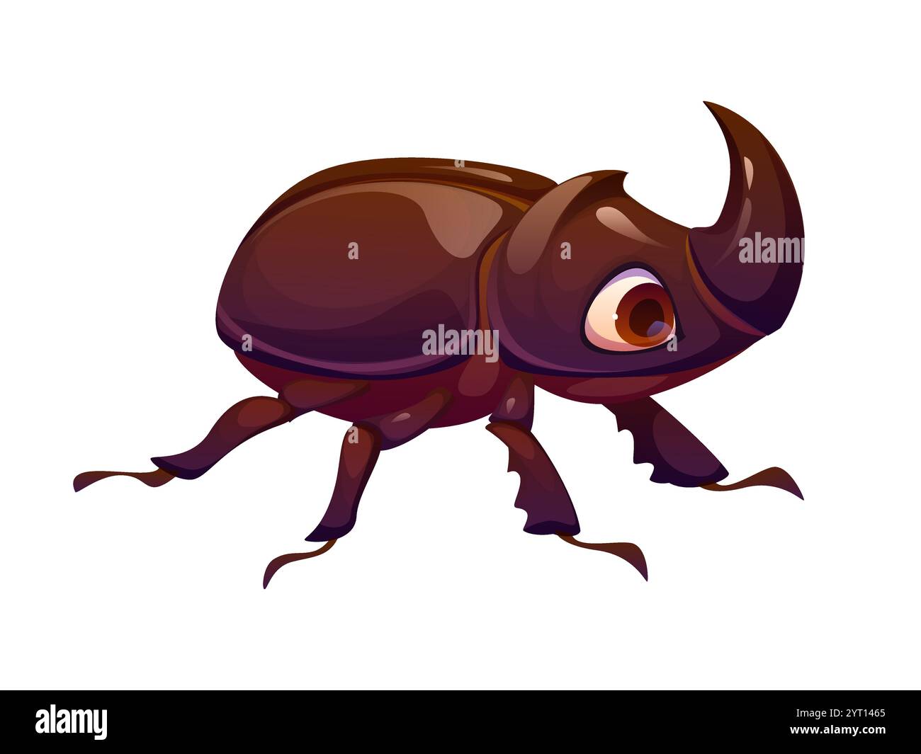 Cartoon funny rhinoceros beetle insect character with large eyes, horn ...