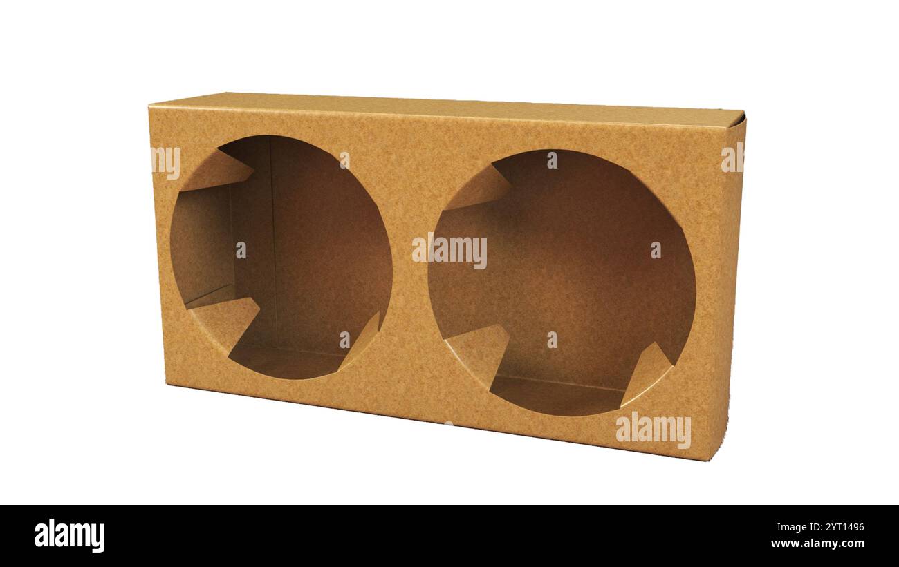 A cardboard box with two circular cutouts, designed to hold and display ...