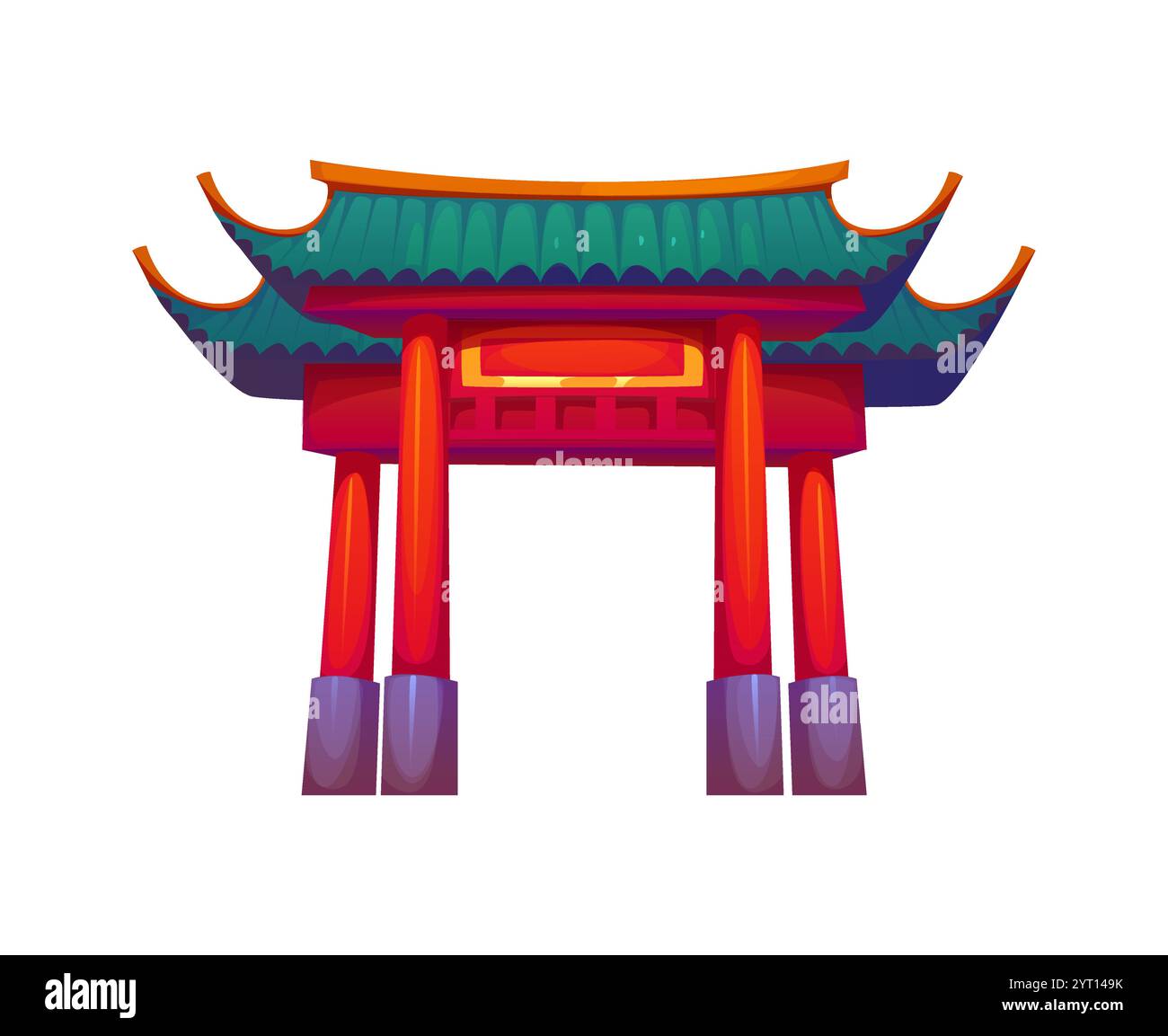 Chinese archway with traditional red pillars and green roof ...