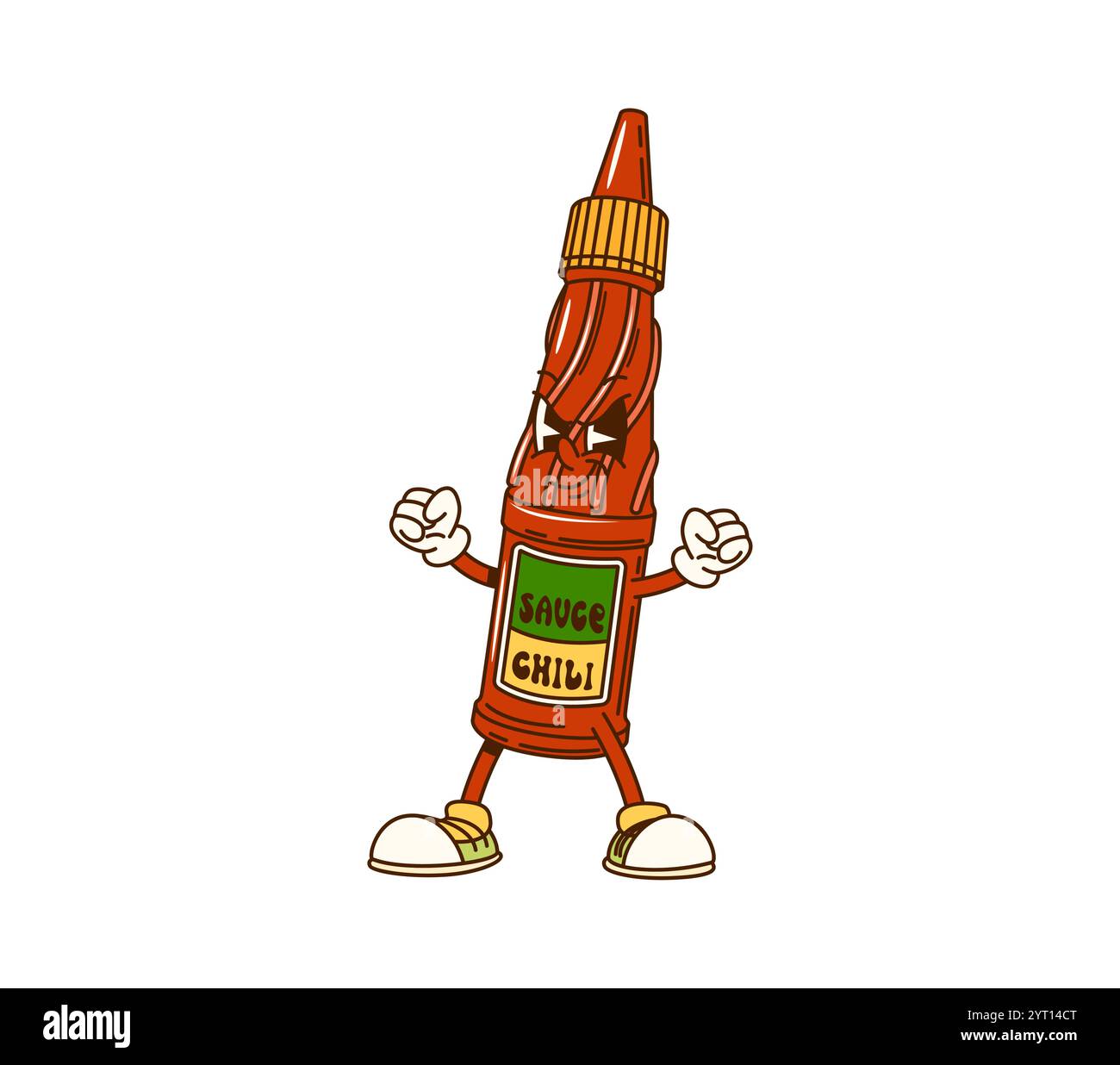 Cartoon groovy chili sauce bottle character with angry face, vector ...