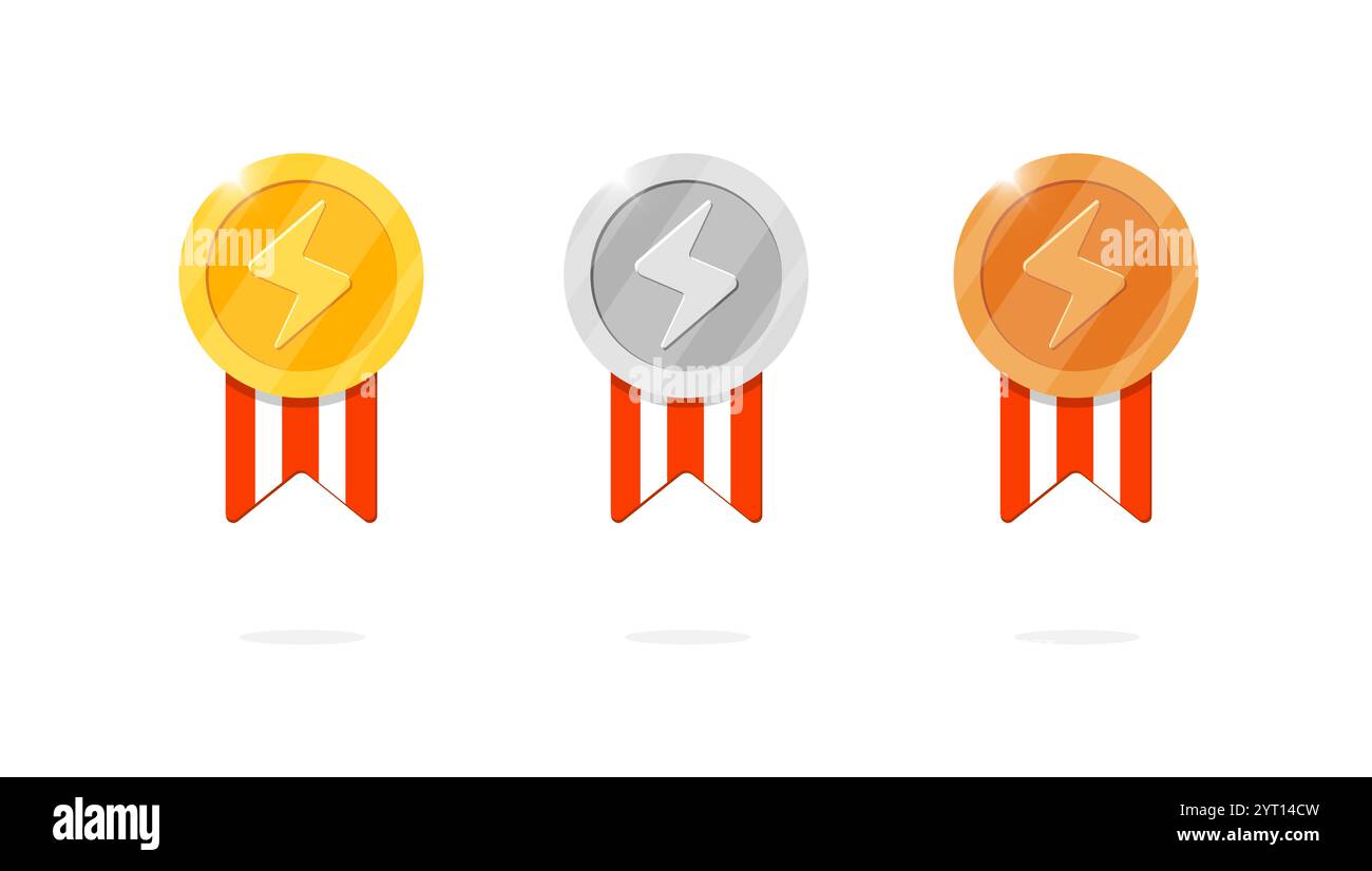 Gaming achievement medal badges. Lightning bolt symbol and red striped ...
