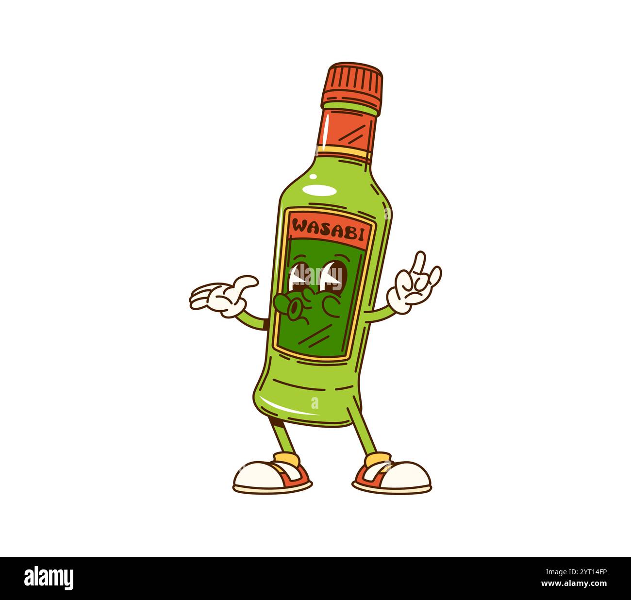 Cartoon groovy wasabi sauce bottle character with funny face, vector ...