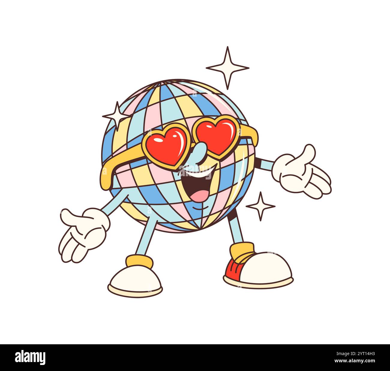 Groovy cartoon disco ball character in retro heart glasses with funny ...