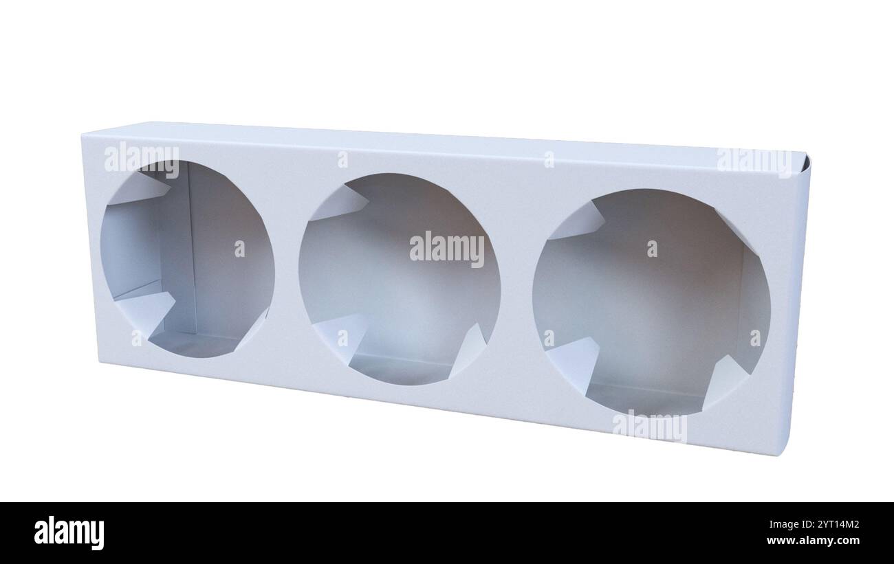 A white cardboard box with three circular cutouts, designed for holding ...