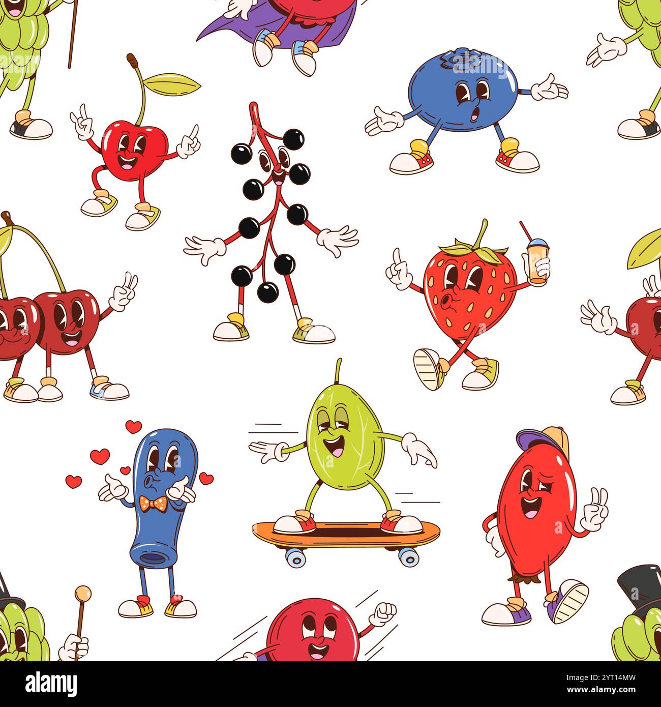 Cartoon groovy berry characters seamless pattern, vector background ...