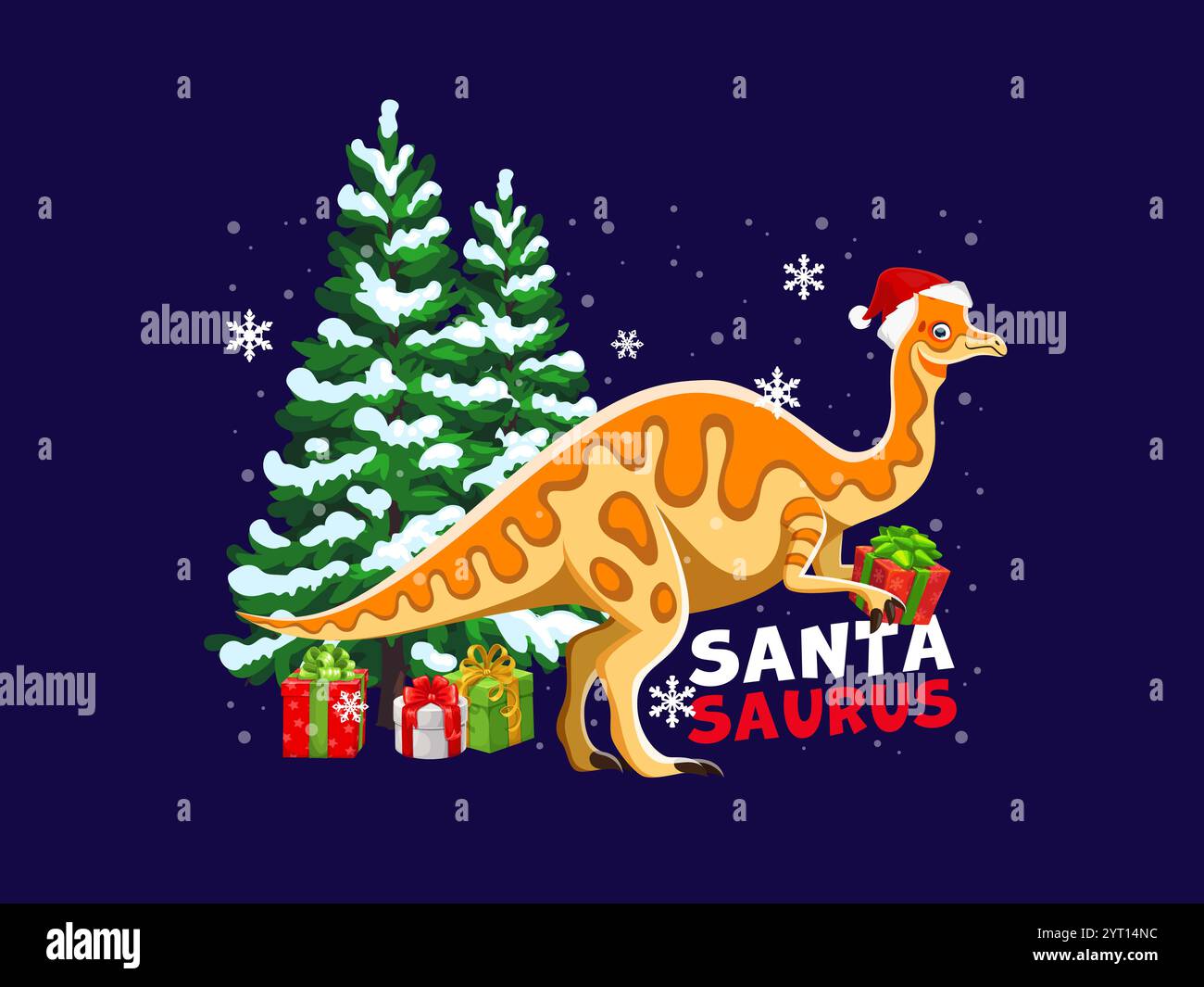Festive Santa dinosaur holding gifts by Christmas tree. Cartoon vector ...