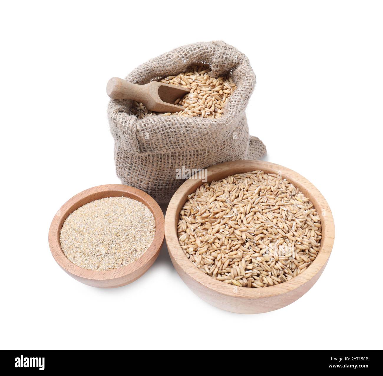 Sack with grains, bran in bowl and scoop isolated on white Stock Photo ...