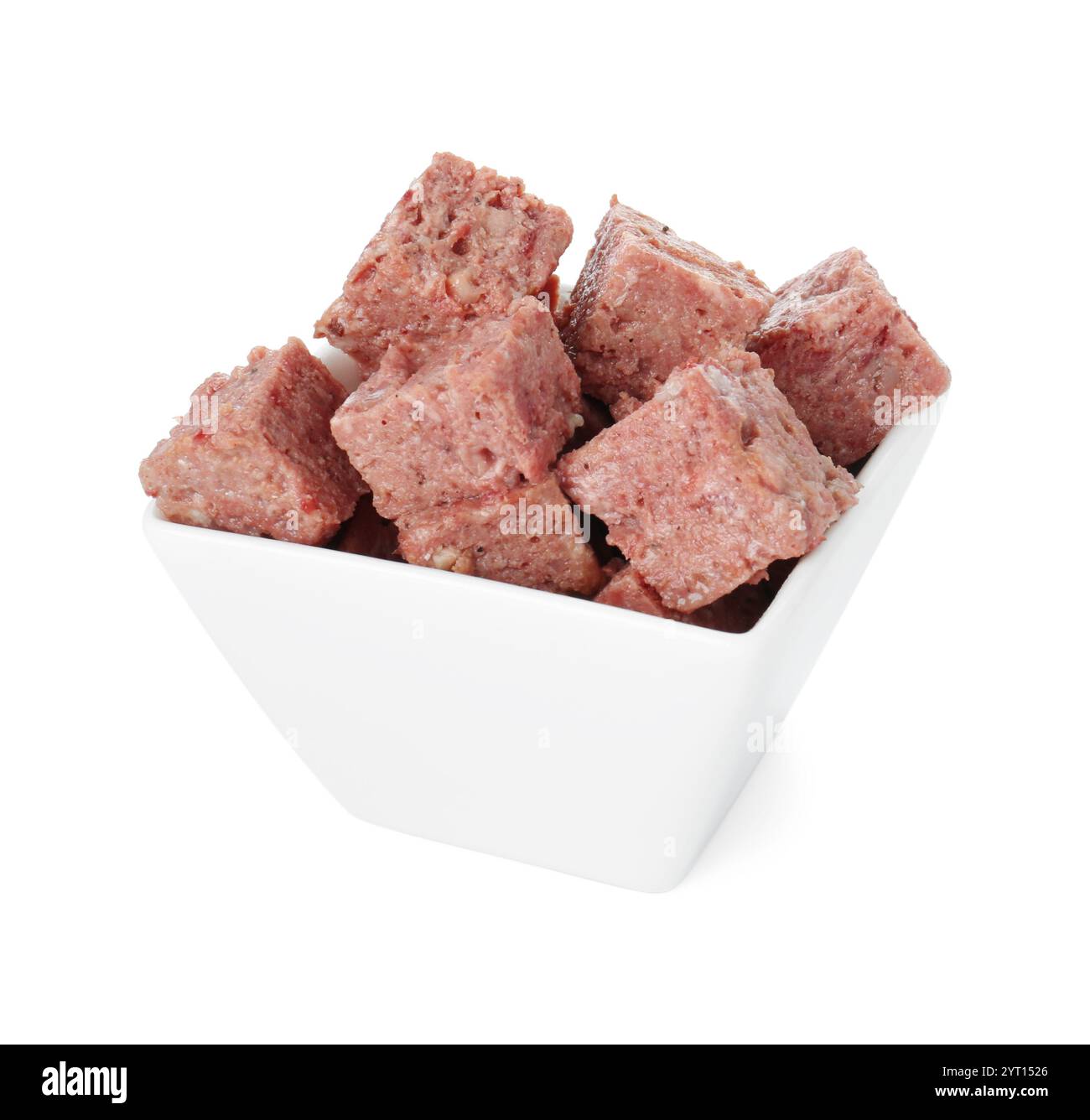 Canned meat in bowl isolated on white Stock Photo - Alamy