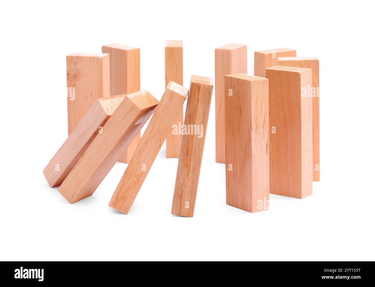 Domino effect. Wooden blocks falling on white background Stock Photo ...