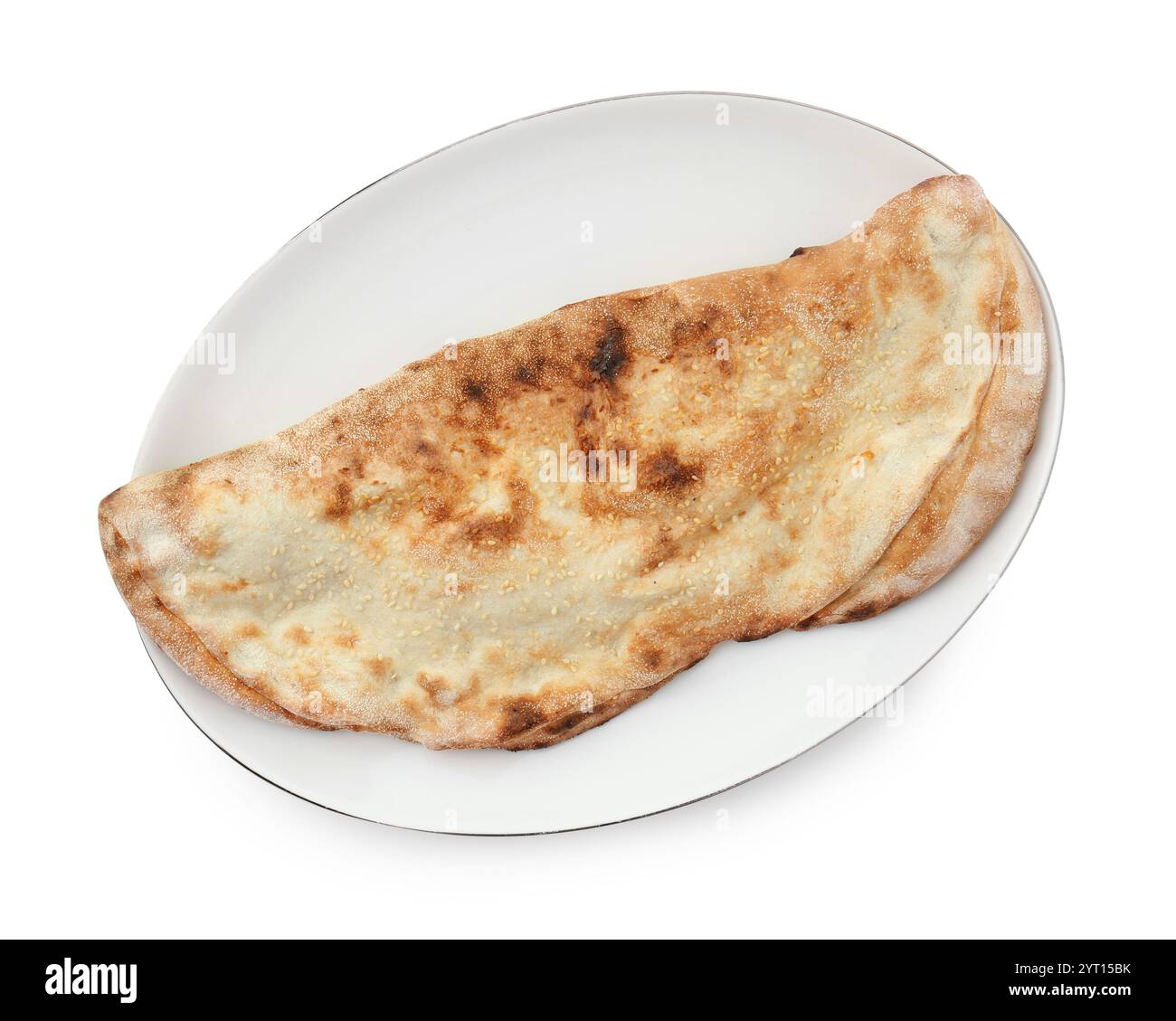 One delicious calzone isolated on white, top view Stock Photo - Alamy
