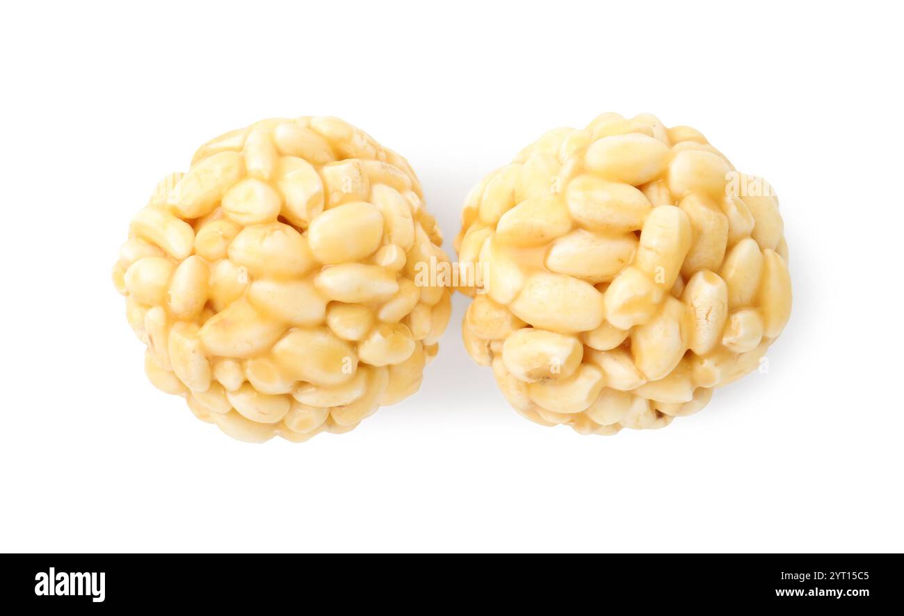 Delicious puffed rice balls isolated on white, top view Stock Photo - Alamy
