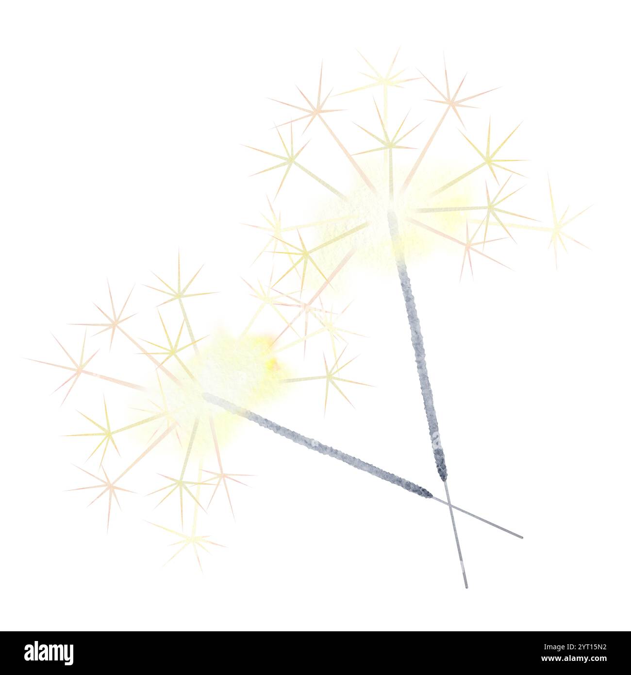 Watercolor hand drawn clipart of two lit sparklers with golden ...