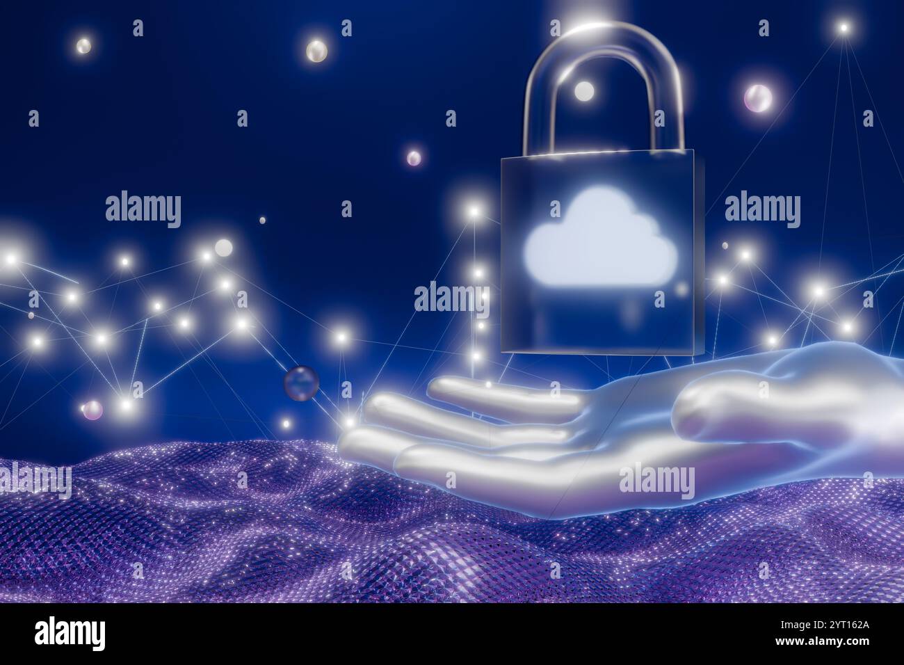 A digital representation of cloud security with a glowing padlock held ...